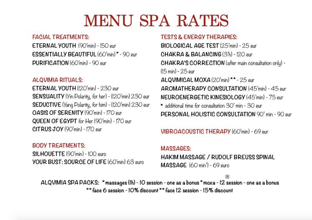 MENU SPA RATE