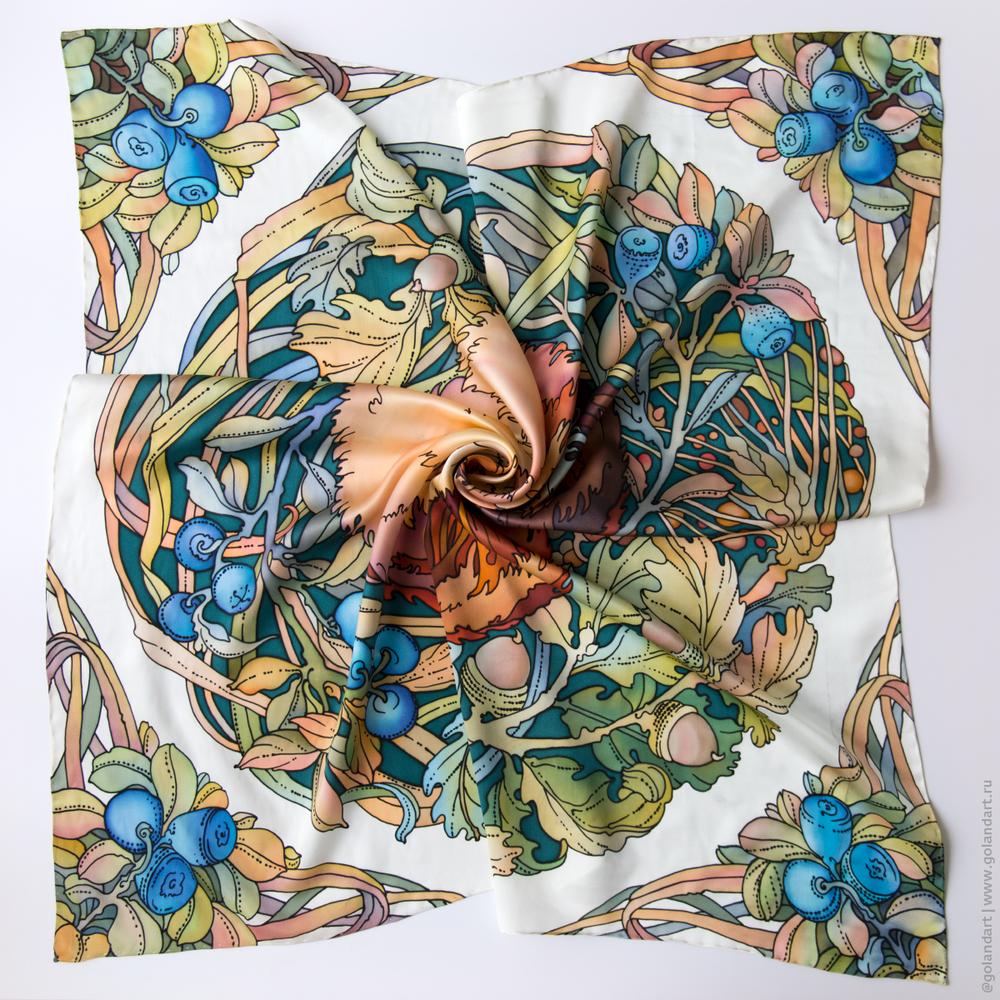 Платок Спящие лисички Ручная роспись шёлка батик