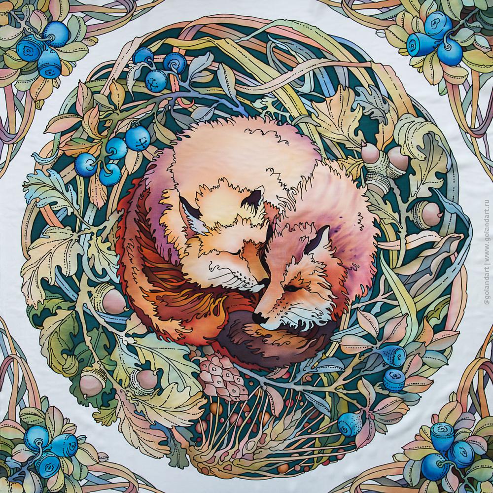 Платок Спящие лисички Ручная роспись шёлка батик