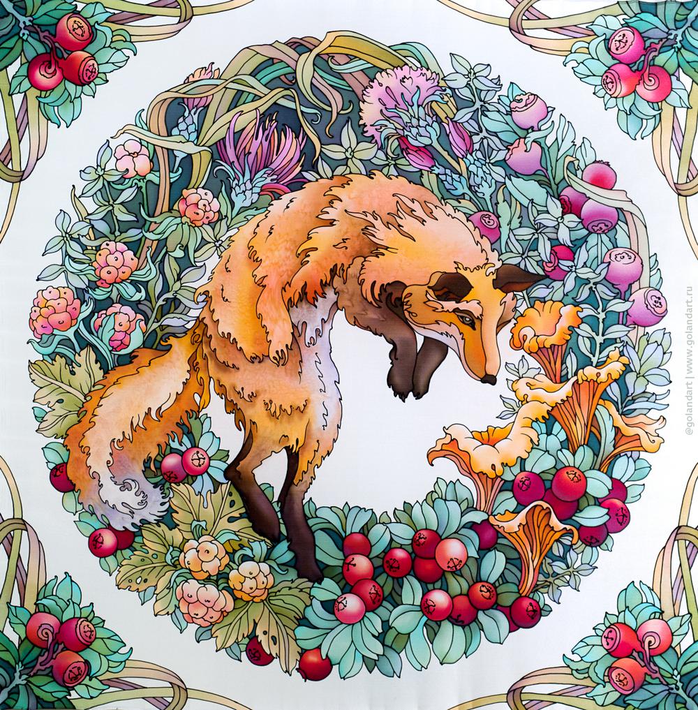 Платок Лисички Ручная роспись шёлка батик