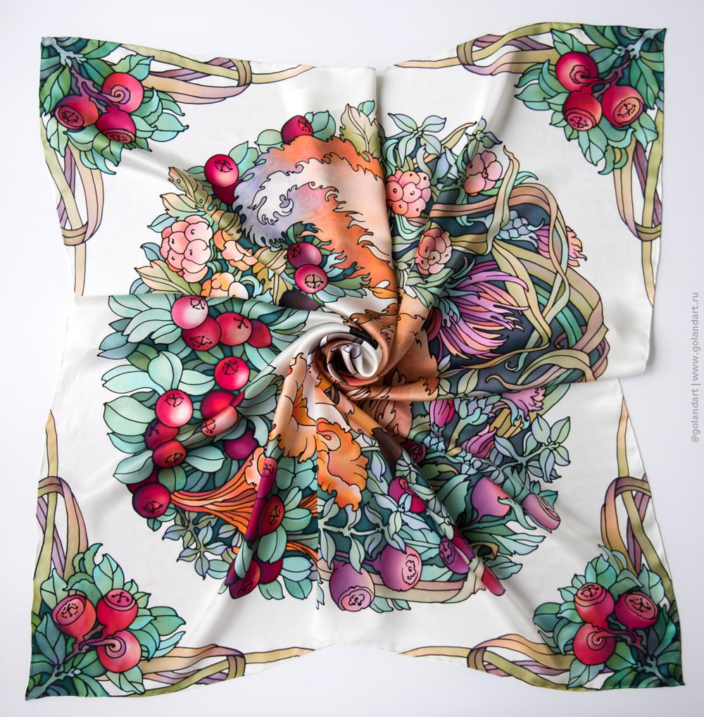 Платок Лисички Ручная роспись шёлка батик