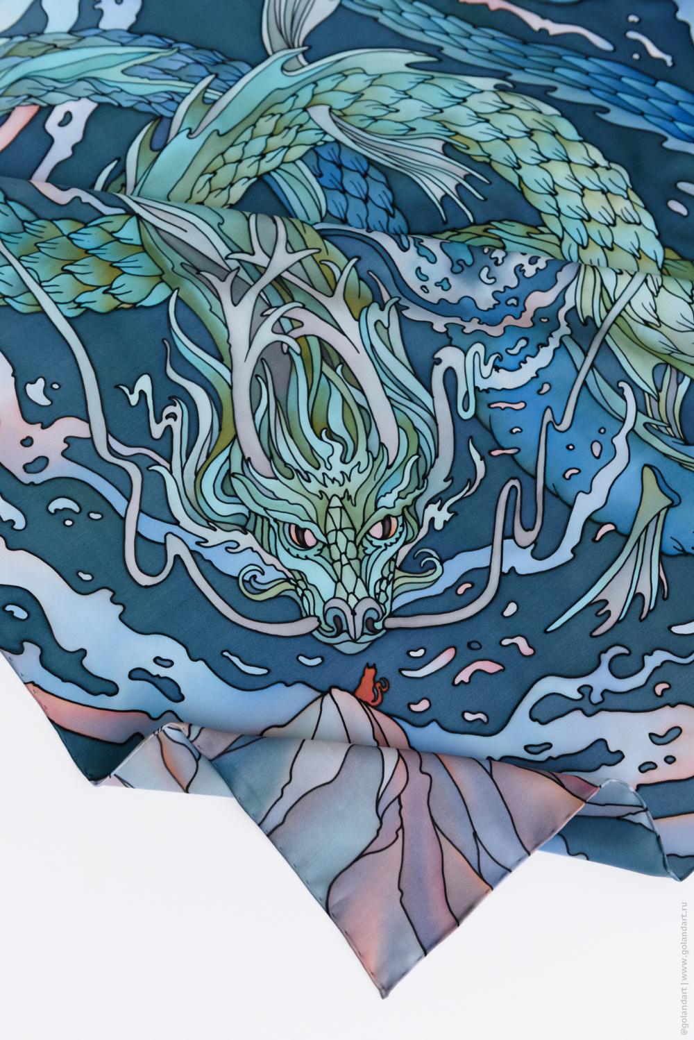 Платок Кошка и дракон 2 Ручная роспись шёлка батик